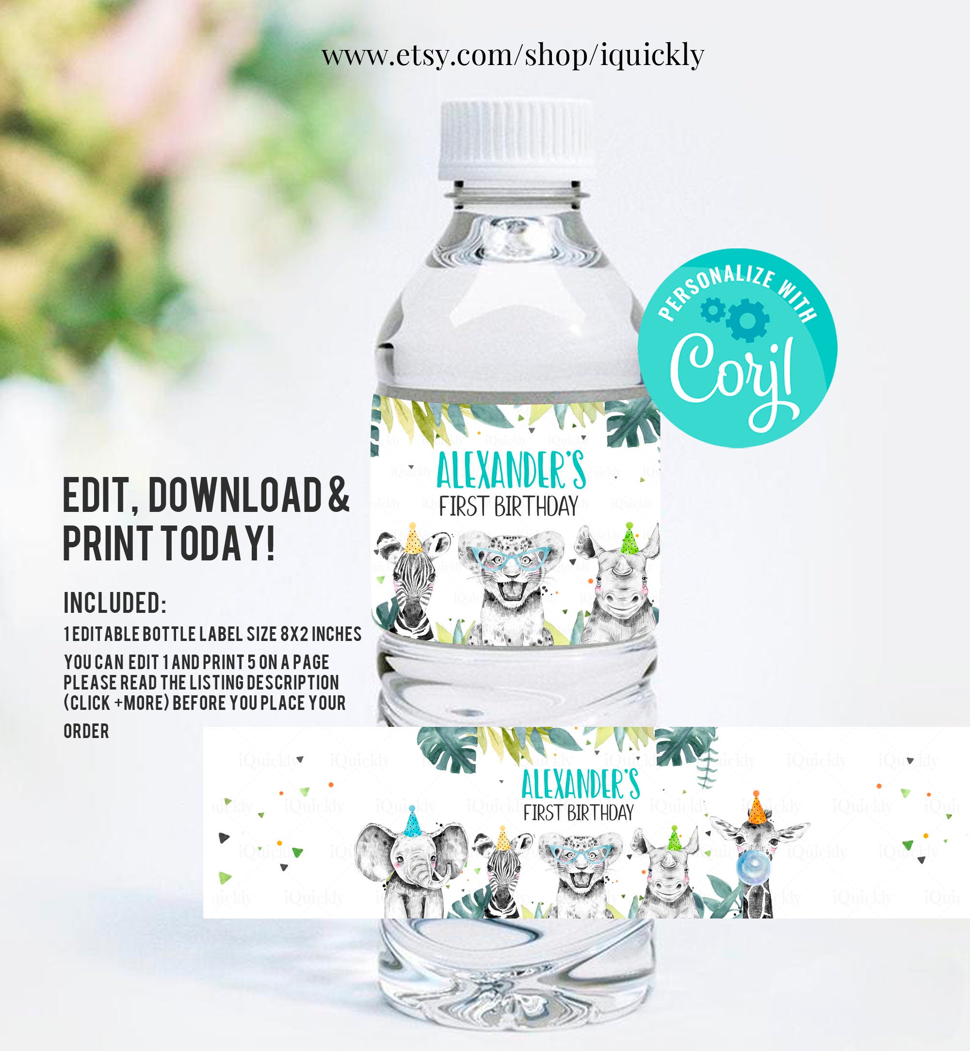 Editable Water Bottle Labels Party Animals Birthday Wild One Birthday ...