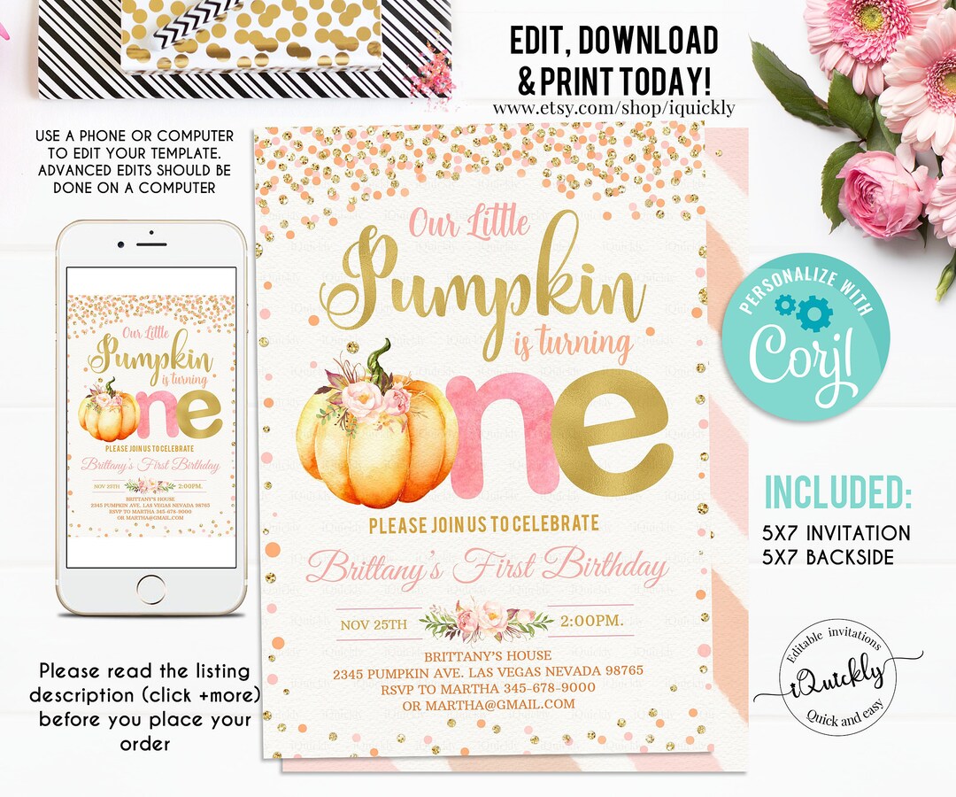 Editable Pumpkin First Birthday Invitation, Little Pumpkin Invitations ...