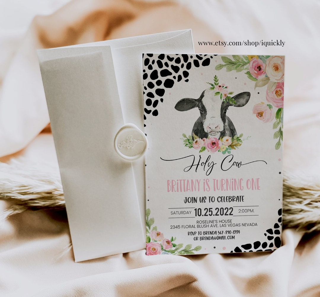 Editable Cow Theme Birthday Party Invitation Holy Cow I'm One Invite ...