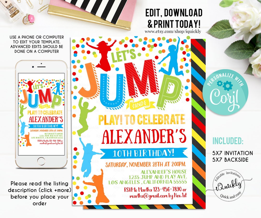 Jump Bithday Invitation, EDITABLE Jump Invitations Trampoline Party ...