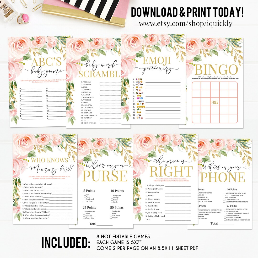 Blush Pink Floral Baby Shower Games, Pink and Gold Baby Shower Game ...