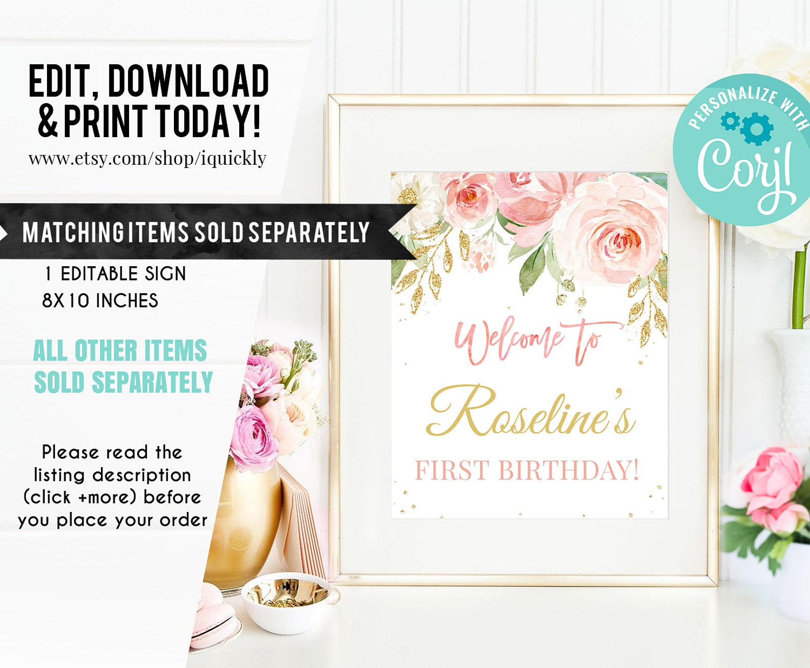 EDITABLE Blush Pink Floral Banner Birthday Banner Printable - Etsy
