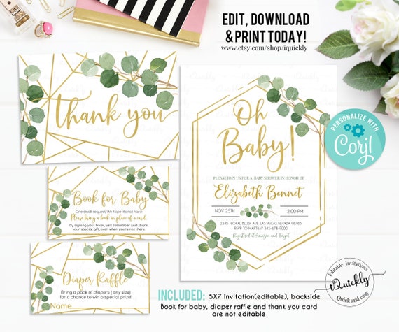 EDITABLE Greenery Baby Shower Invitation Set, Book for baby diaper ...