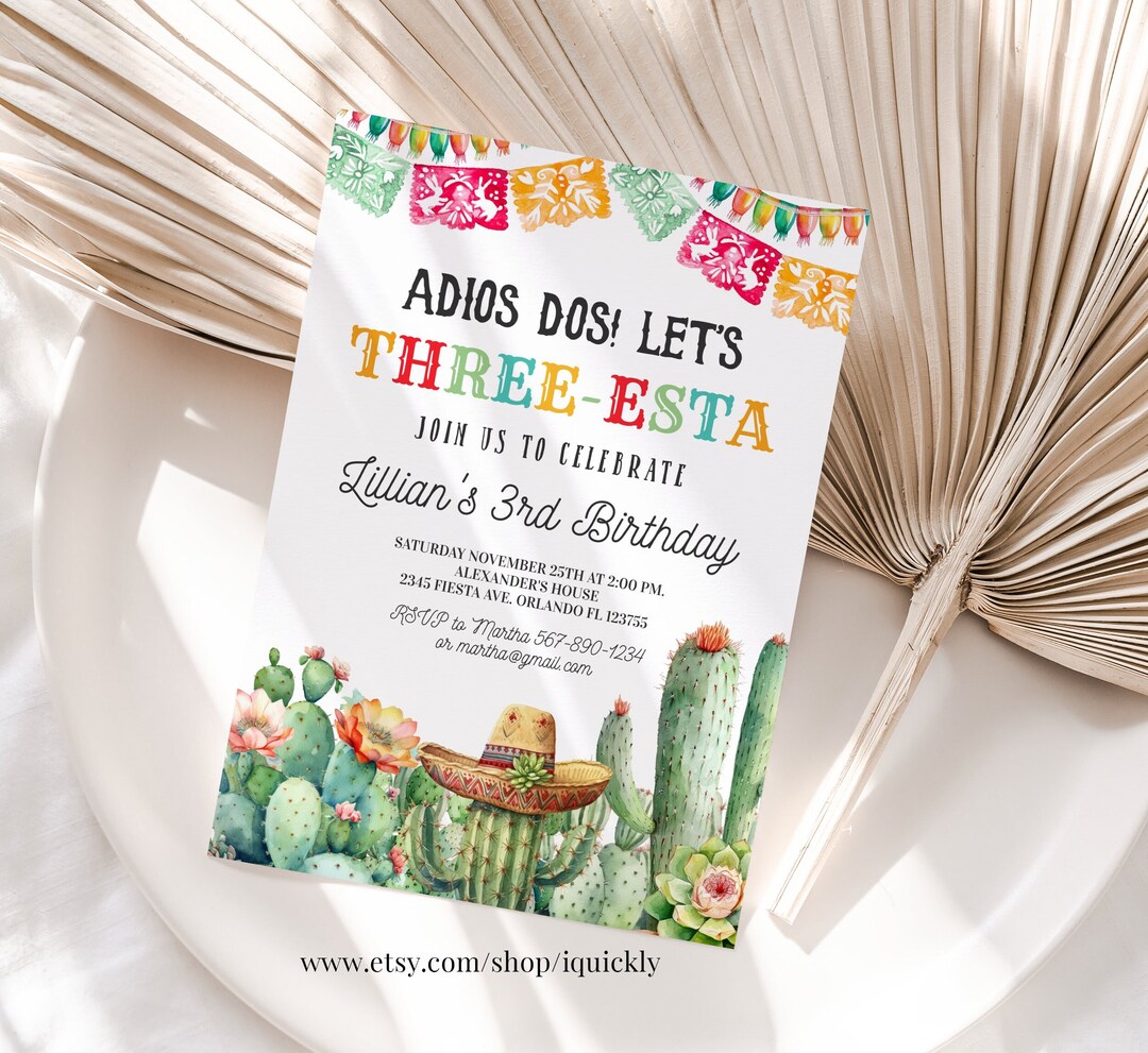 Three Esta Birthday Invitation Editable Three Esta Invite Fiesta 3rd ...