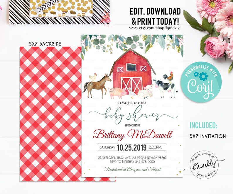 Farm Baby Shower Invitation Editable Red Farm Animals Baby - Etsy
