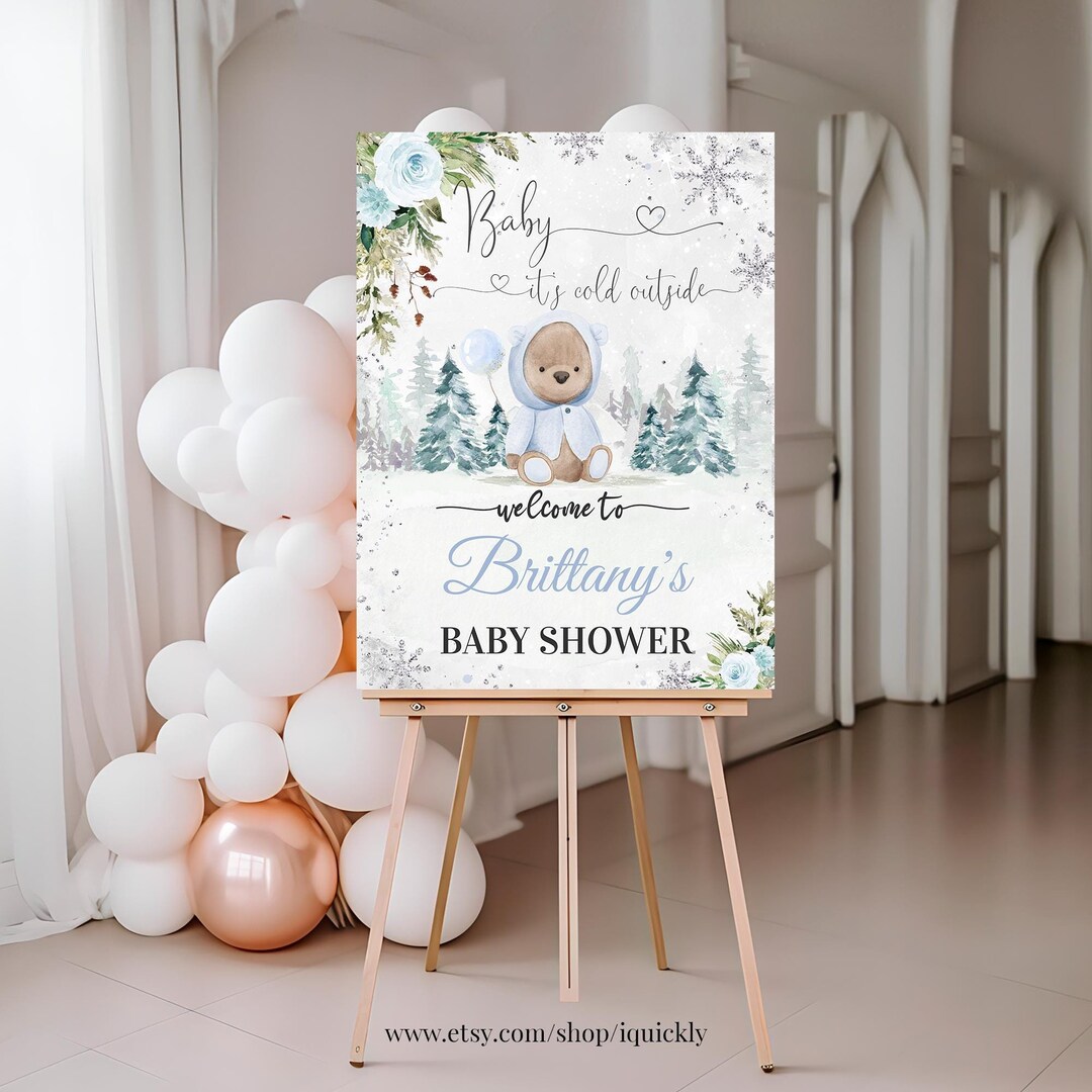 Editable Winter Baby Shower Welcome Sign Teddy Bear Boy Bear Yard Sign ...