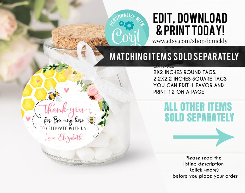 EDITABLE Bee Thank You Card Honey Bee First Birthday Note - Etsy