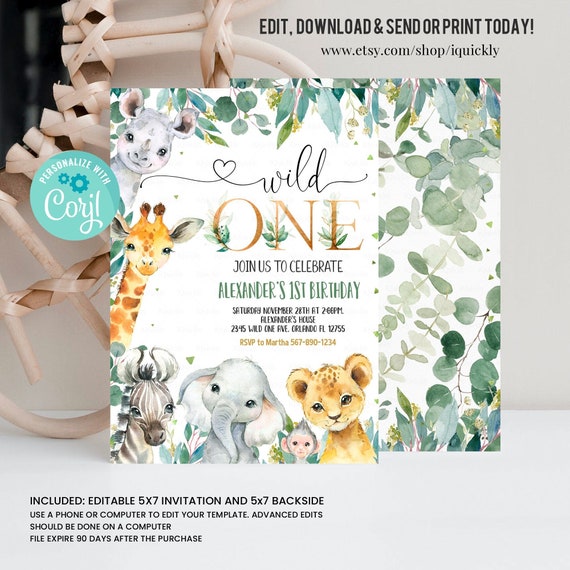 Wild One First Birthday Safari Evite Template Jungle Animals Boy 