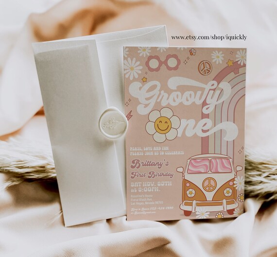 Editable Pink Daisy Rainbow Groovy Van Groovy ONE 1st Birthday Invite ...