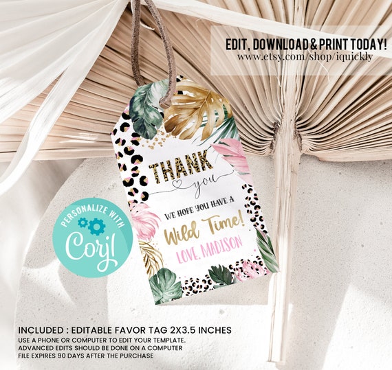 Editable Leopard Print Birthday Party Favor tags Labels Jungle Wild ...