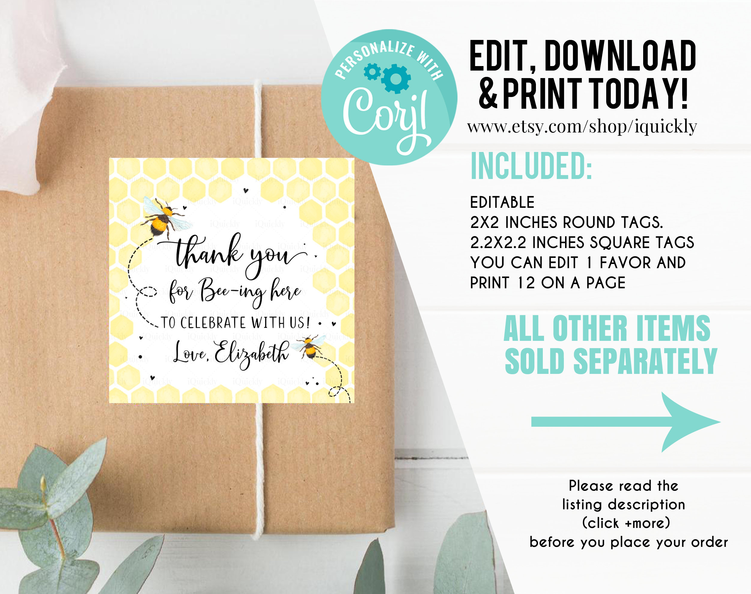 Editable Bee Favor Tags, Honey Bee Thank You Tags, Gift Tags Bumble Bee ...