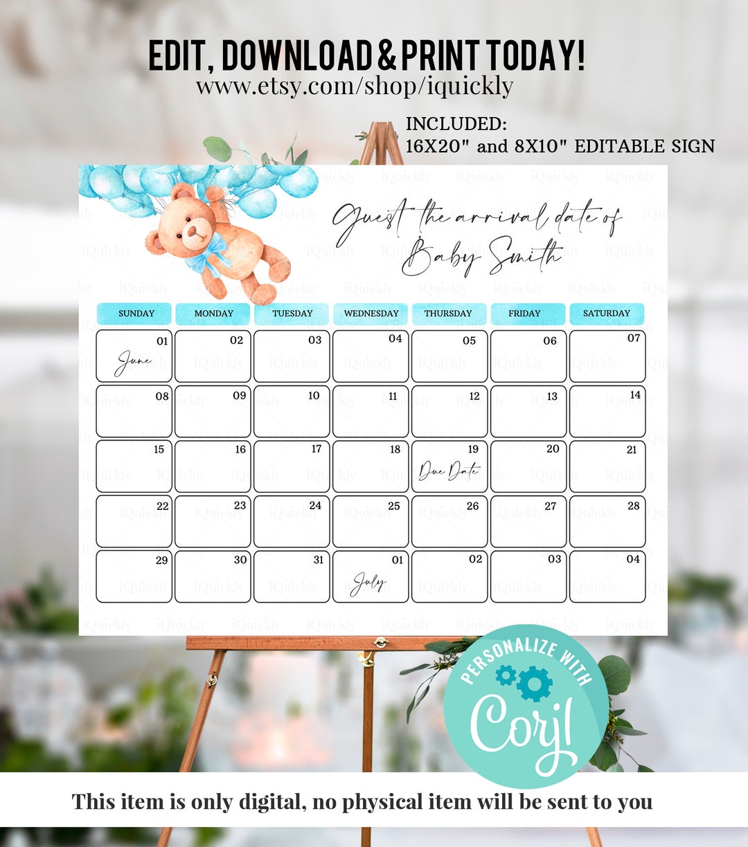 Editable Teddy Bear Due Date Calendar, Pregnancy Announcement Calendar ...