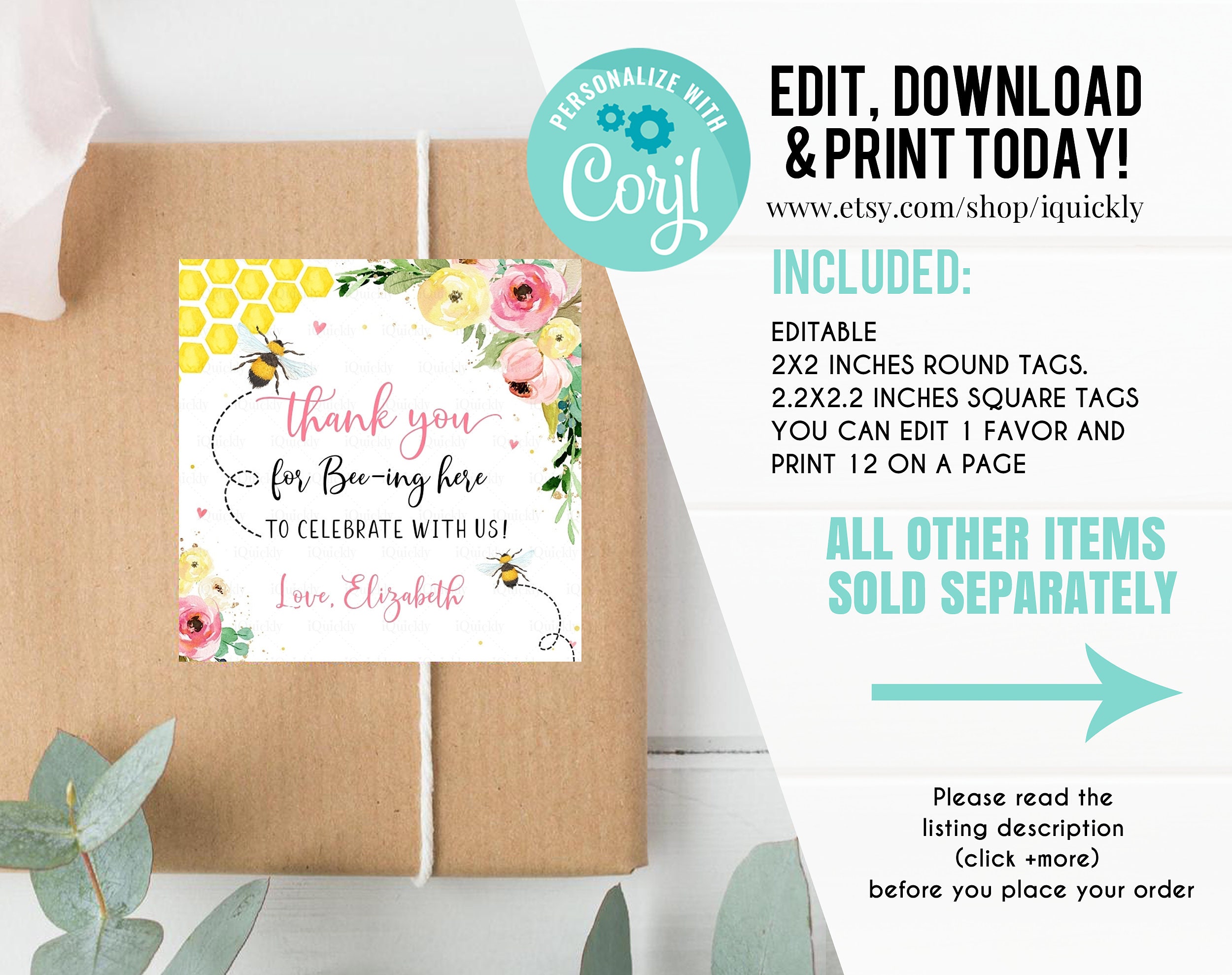 Editable Bee Favor Tags, Honey Bee Thank You Tags, Gift Tags Bumble Bee ...