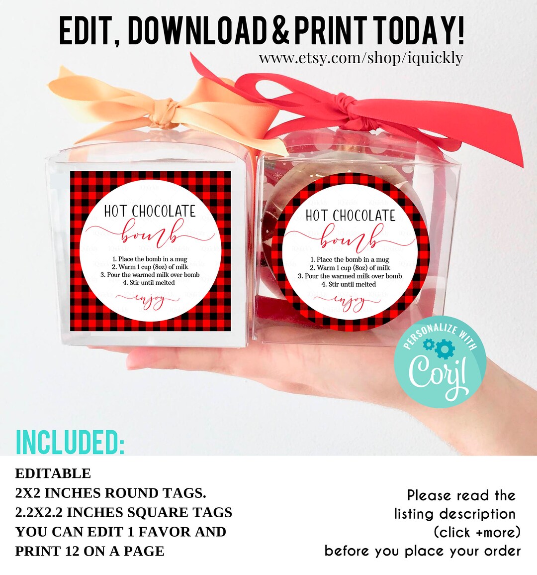 Editable Hot Chocolate Bomb Label Red Gingham Hot Cocoa Bombs ...