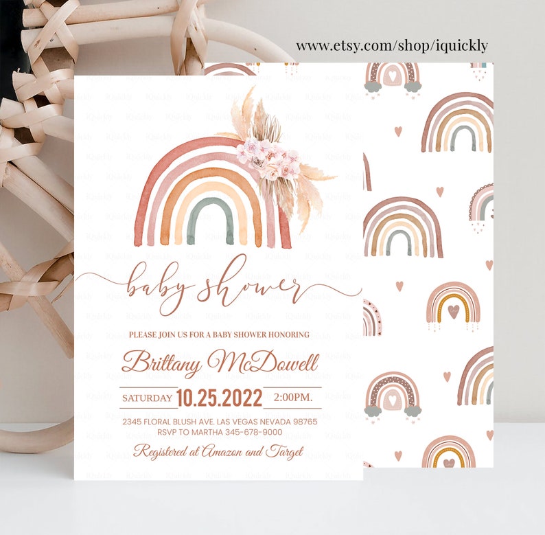 Editable Boho Rainbow Baby Shower Invitation Pink Pampas Grass Boho ...
