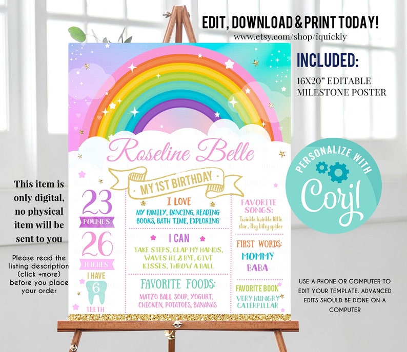 Rainbow Milestone Birthday Poster EDITABLE First Birthday | Etsy