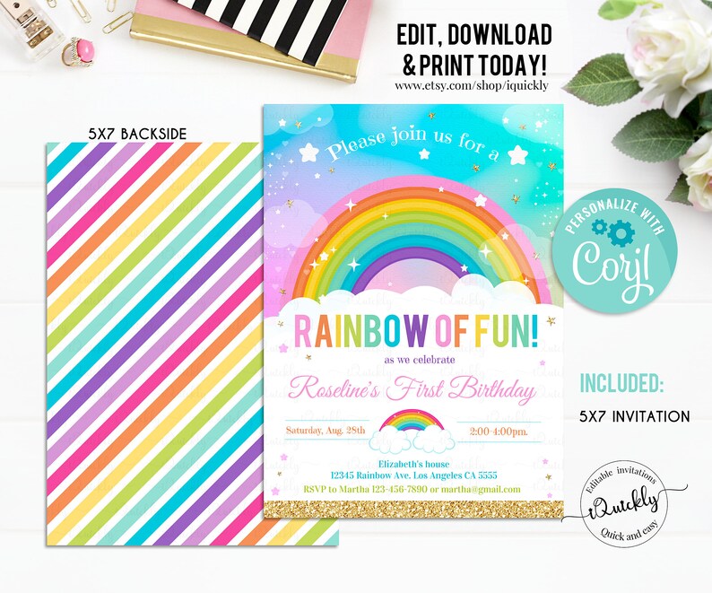 EDITABLE Rainbow Birthday Party Package, Rainbow Confetti Party ...