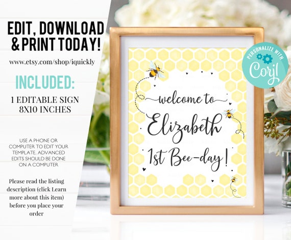 EDITABLE Bee Birthday Party Welcome sign Our Little Honey Bee Printable ...