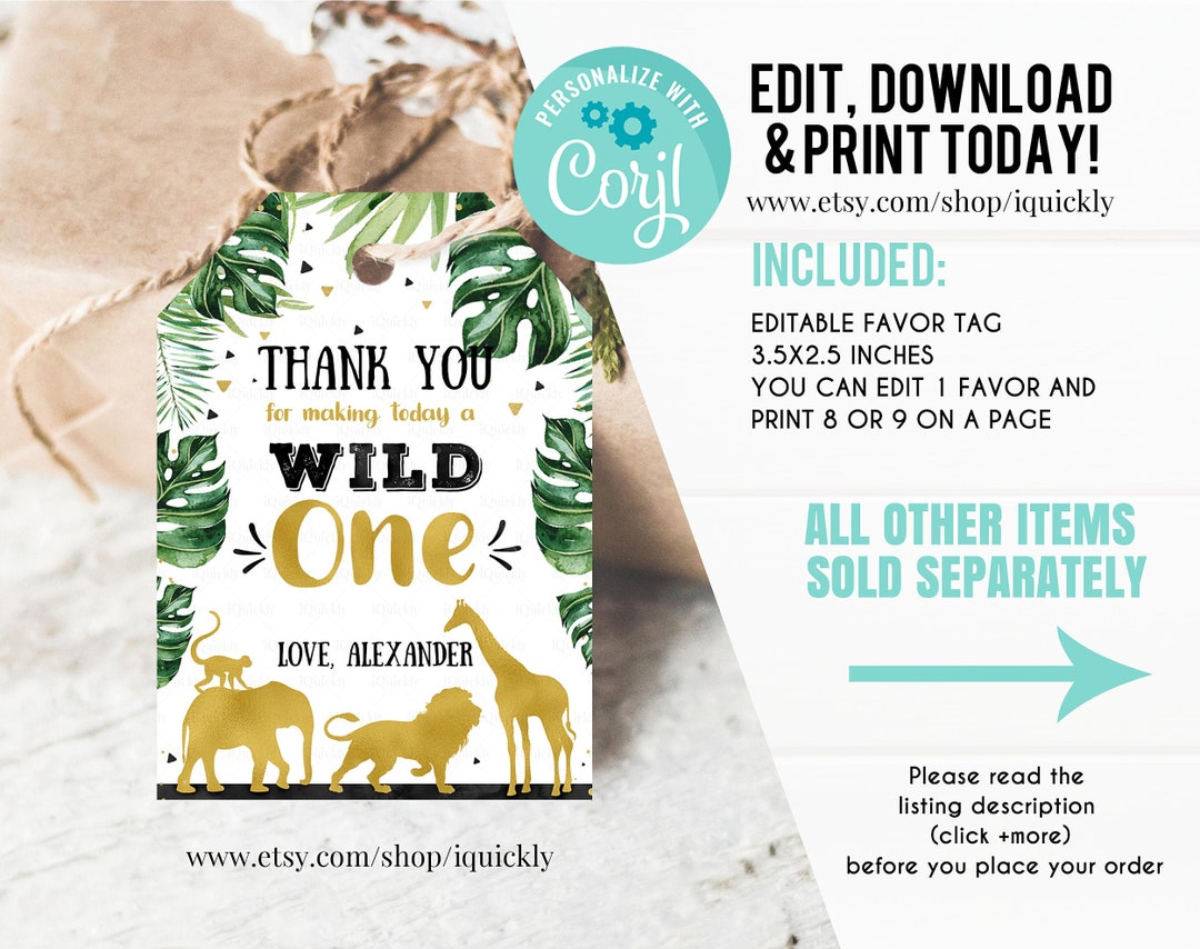 Wild One Favor Tags, Editable Jungle Gold Thank You Tags, Safari Gift ...