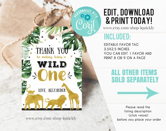 Wild One Favor tags, Editable Jungle Gold Thank you tags, Safari gift ...