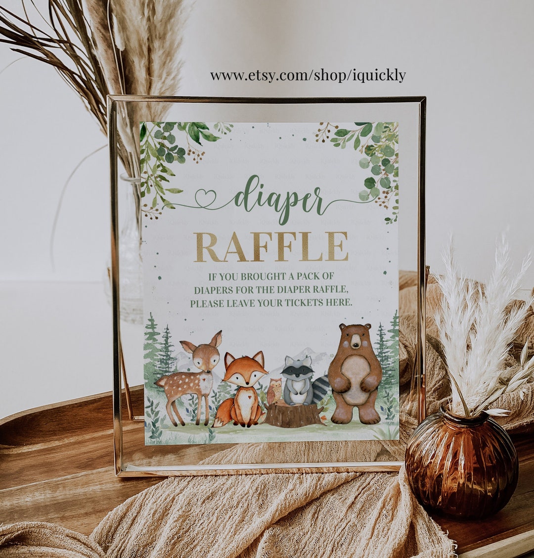 Woodland Diaper Raffle Sign, Printable Diaper Raffle Baby Shower Sign ...