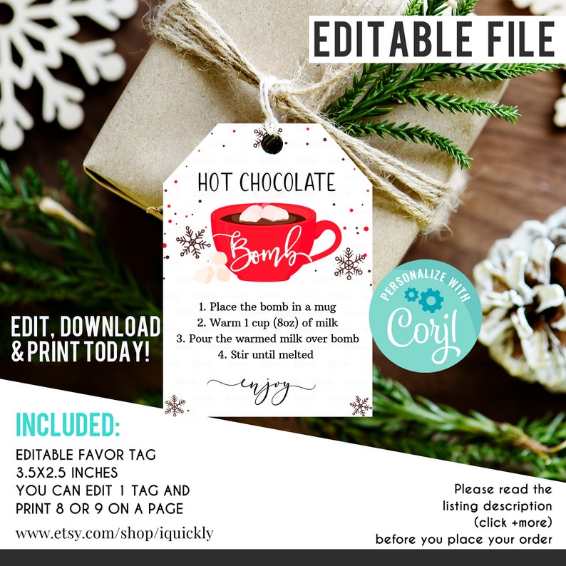 Editable Hot Chocolate Bomb Tags Hot Cocoa Bomb Instructions Favor Tags ...