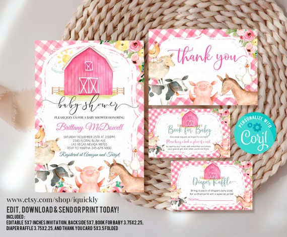 Farm Baby Shower Invitation Set, EDITABLE Girl Farm animals Invitations ...