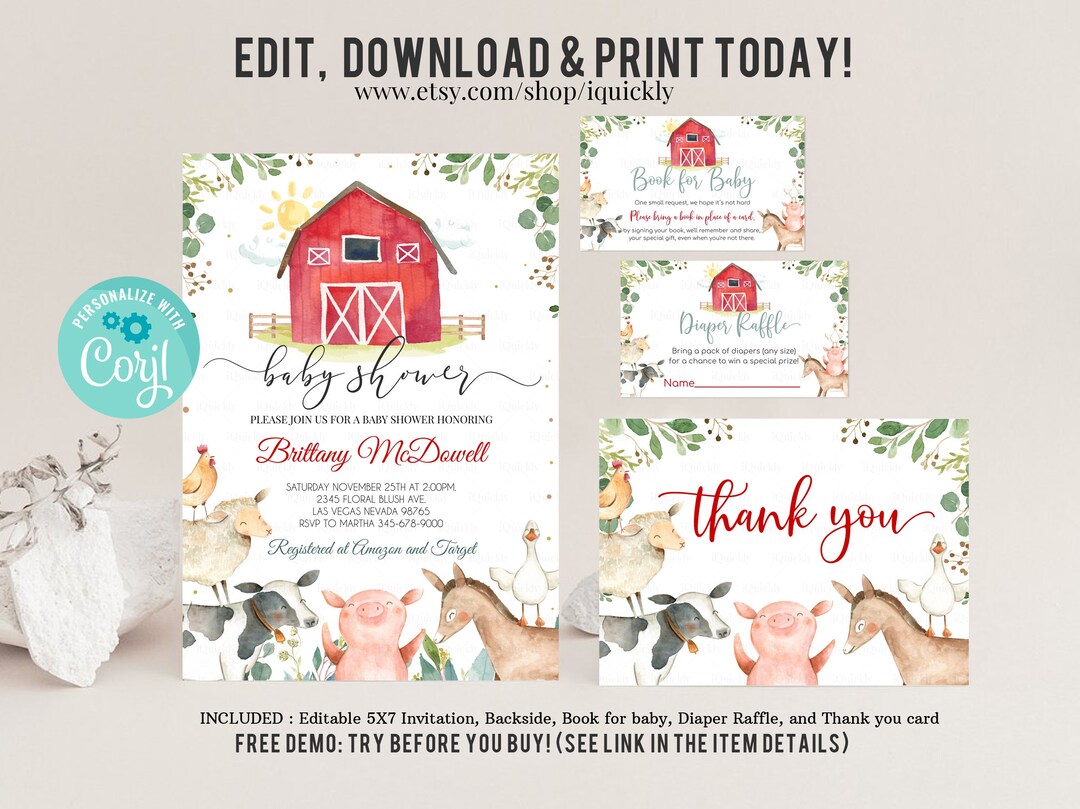 Farm Baby Shower Invitation Set, EDITABLE Gender Neutral Pack, Farm ...