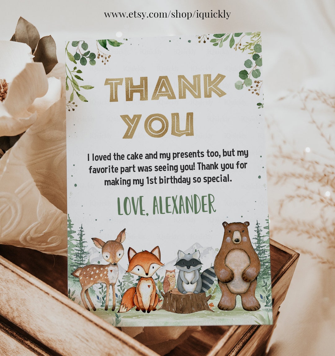 Editable Woodland Thank You Card, Woodland Theme First Birthday Note ...