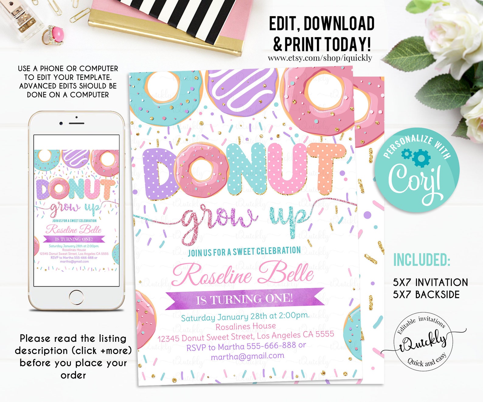 Donut Grow up Birthday Invitation, EDITABLE Donut Grown up Invite Donut ...