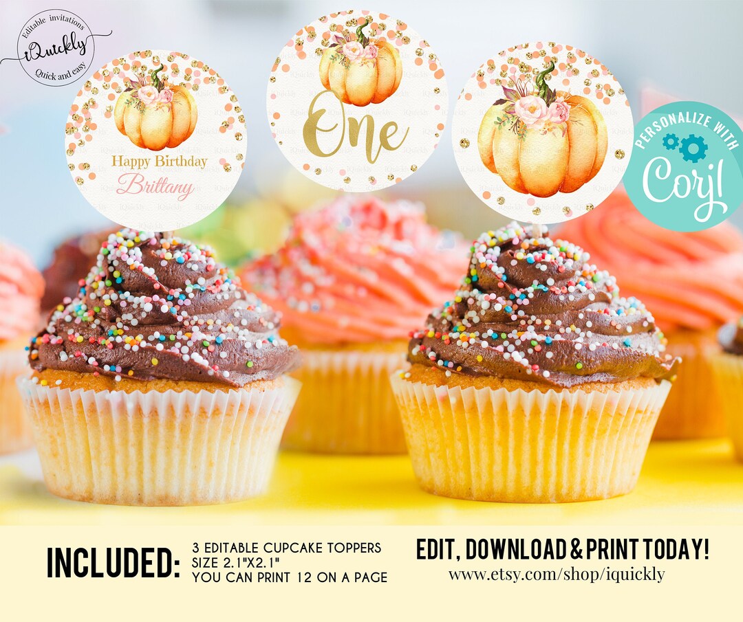 EDITABLE Pumpkin Cupcake Toppers, Little Pumpkin Girl Baby Shower ...