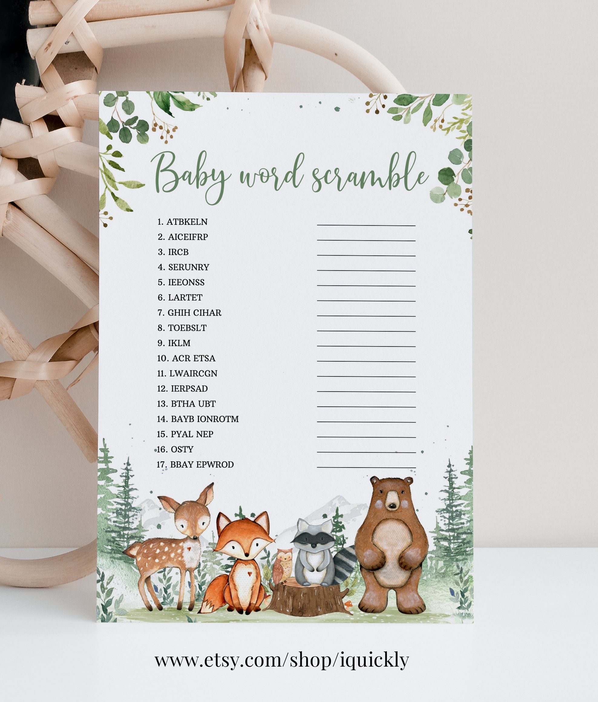 Woodland Baby Shower Games Baby Scramble Gender Neutral Woodland ...