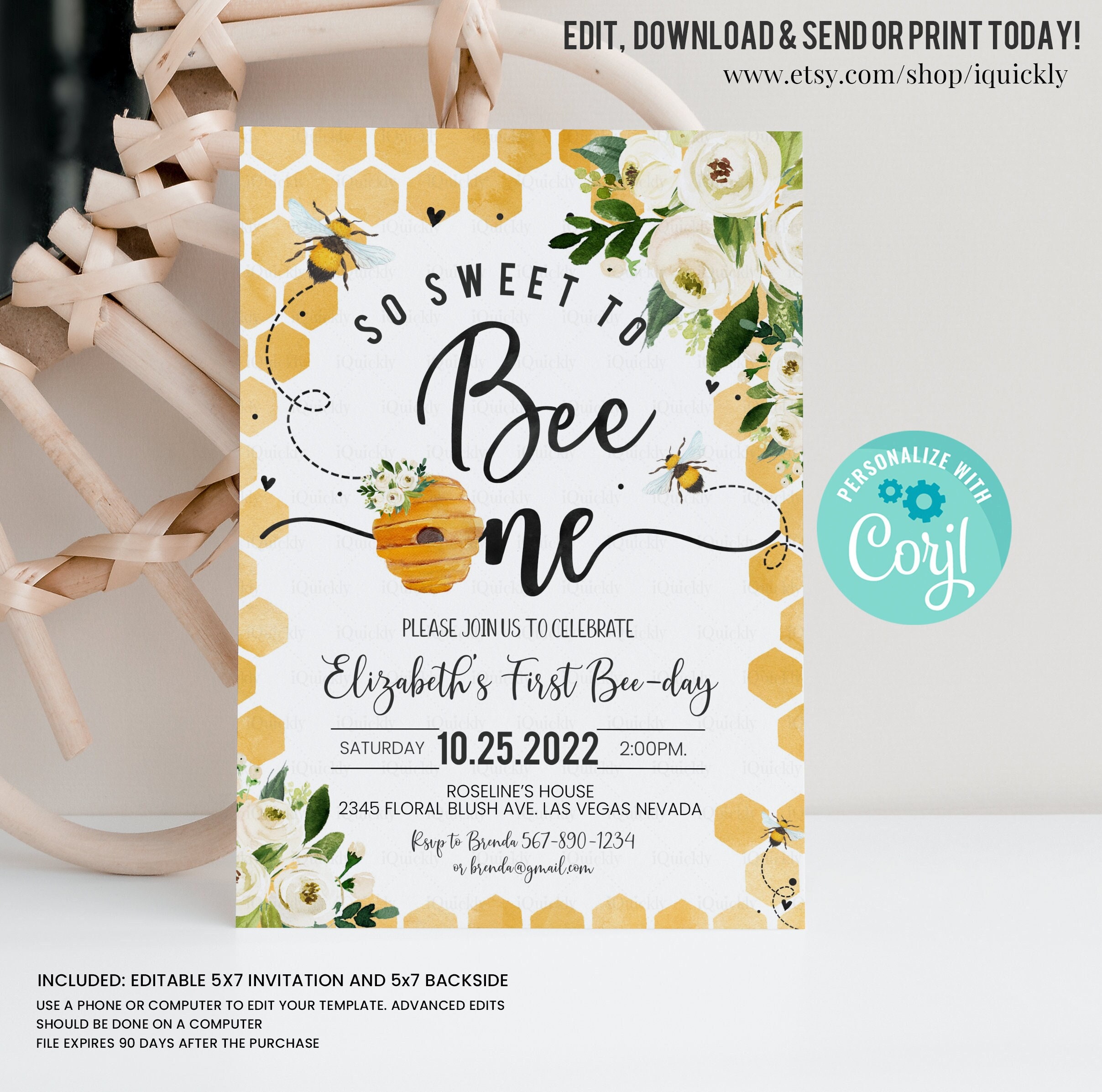 Editable Bee Birthday Invitation Honey Bee Birthday Party Bee - Etsy