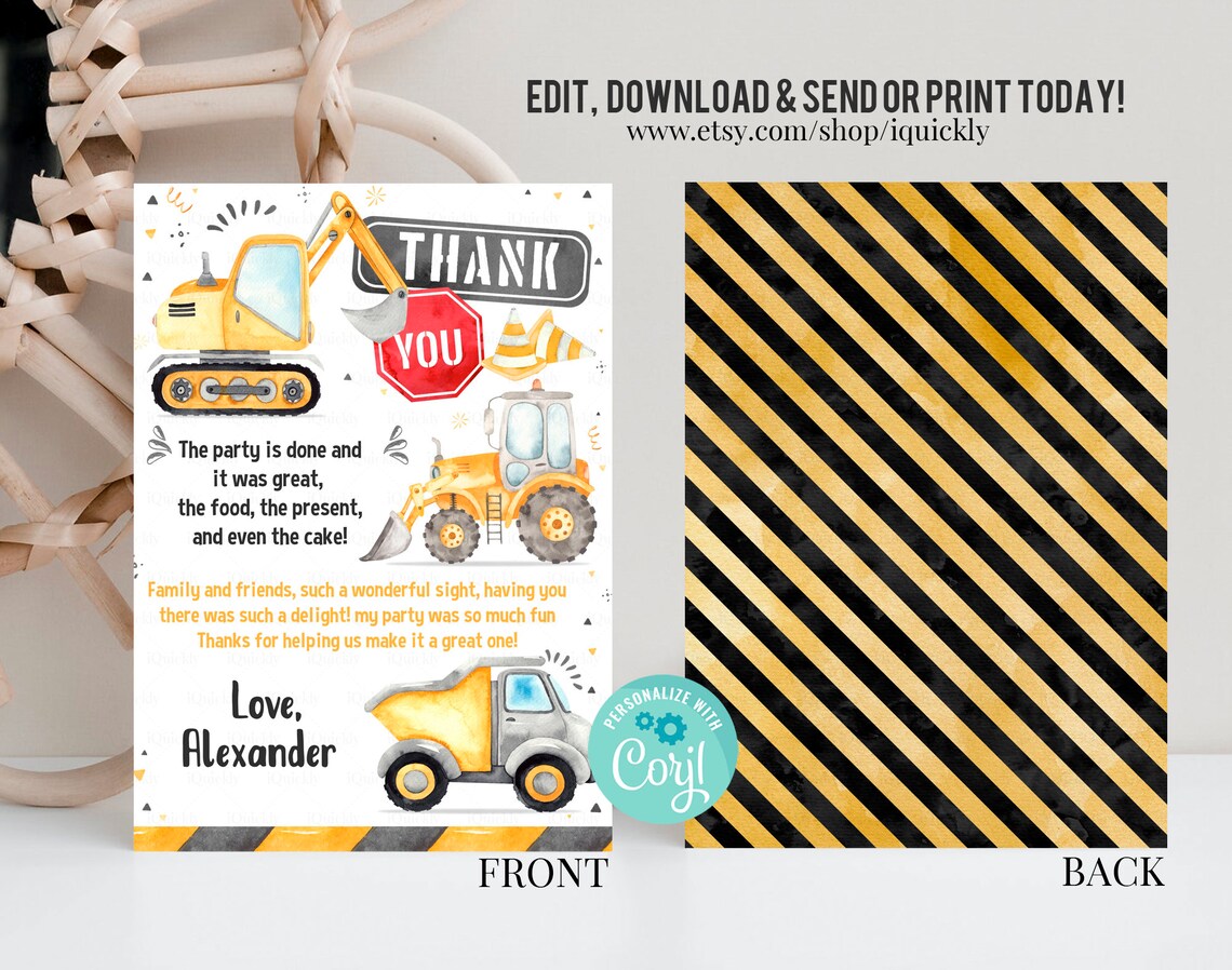 Editable Construction Thank You Card Construction Birthday - Etsy