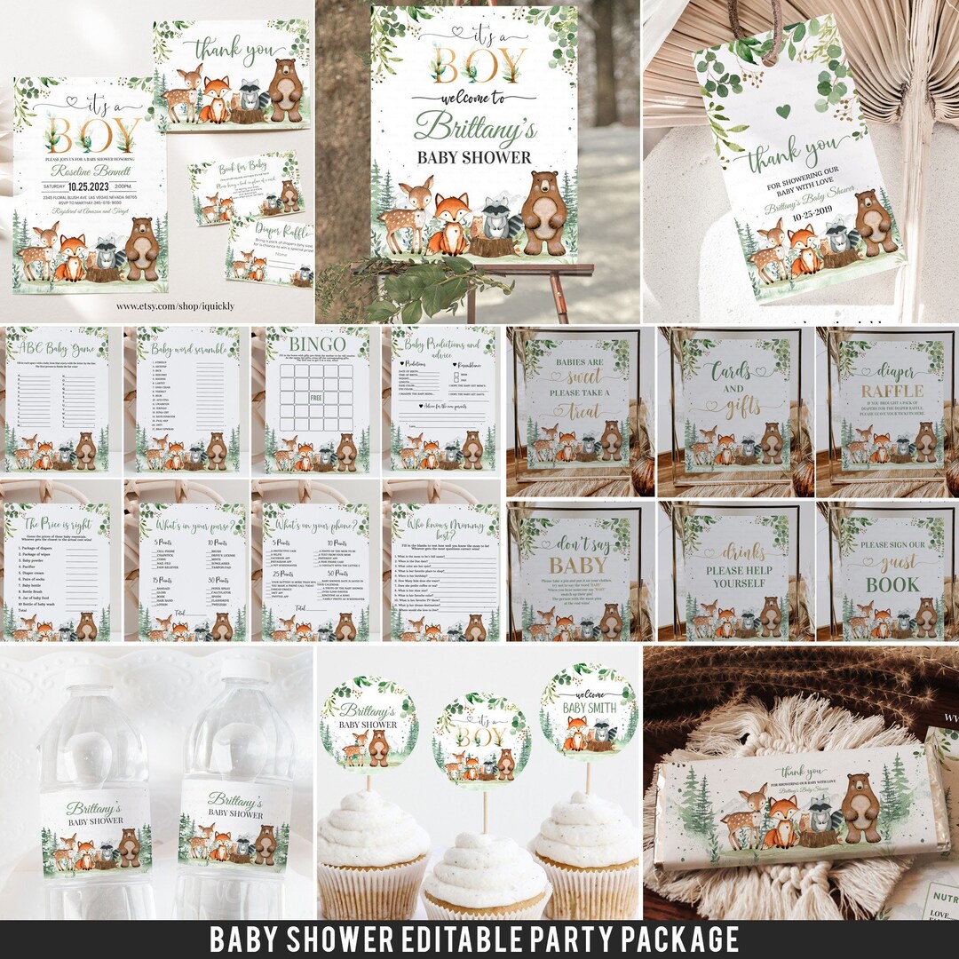 Editable Woodland Baby Shower Party Package Bundle Forest Animals Party ...