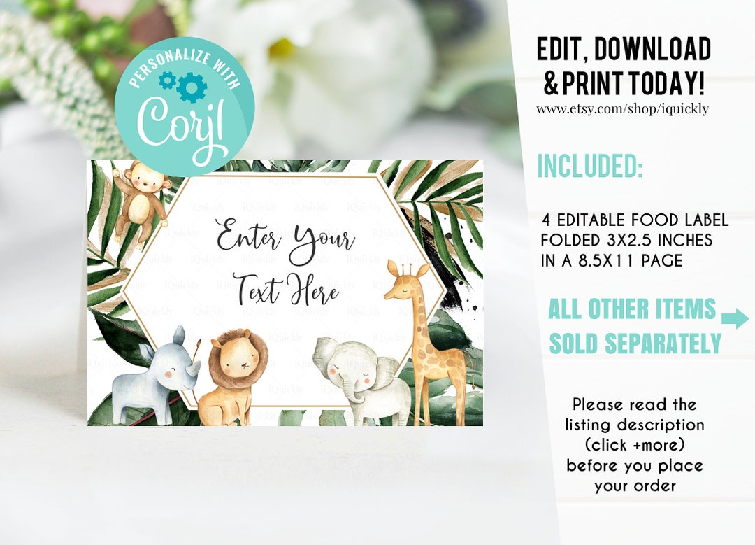 EDITABLE Safari Food Tags, Gender Neutral Buffet Label, Jungle Tent ...