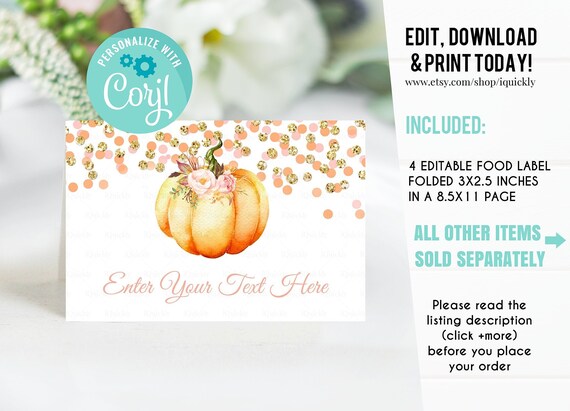EDITABLE Pumpkin Food tags, Little Pumpkin Buffet label, Fall Autumn ...