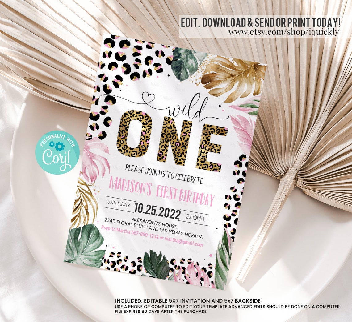 Editable Wild One Leopard Print Jungle Birthday Party Invitation ...