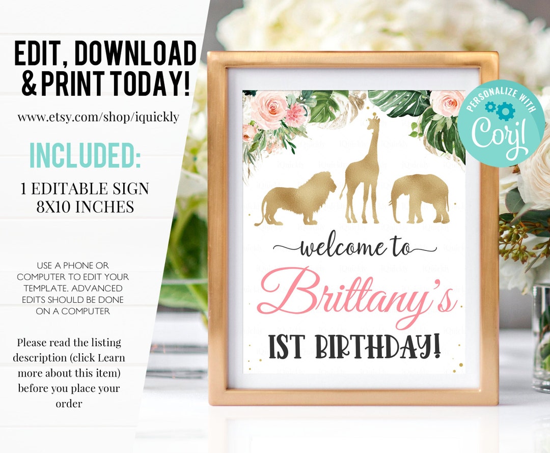 Editable Jungle Gold Welcome Sign Party Animal Sign Zoo Safari Welcome ...