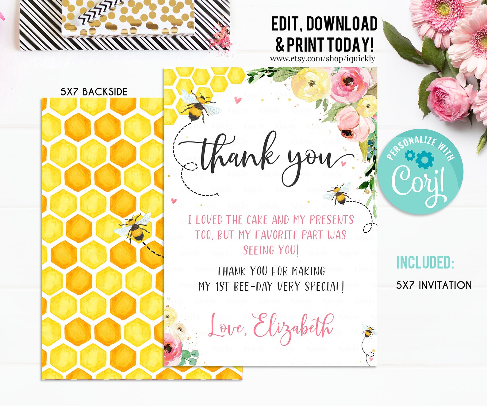 EDITABLE Bee Thank You Card Honey Bee First Birthday Note - Etsy