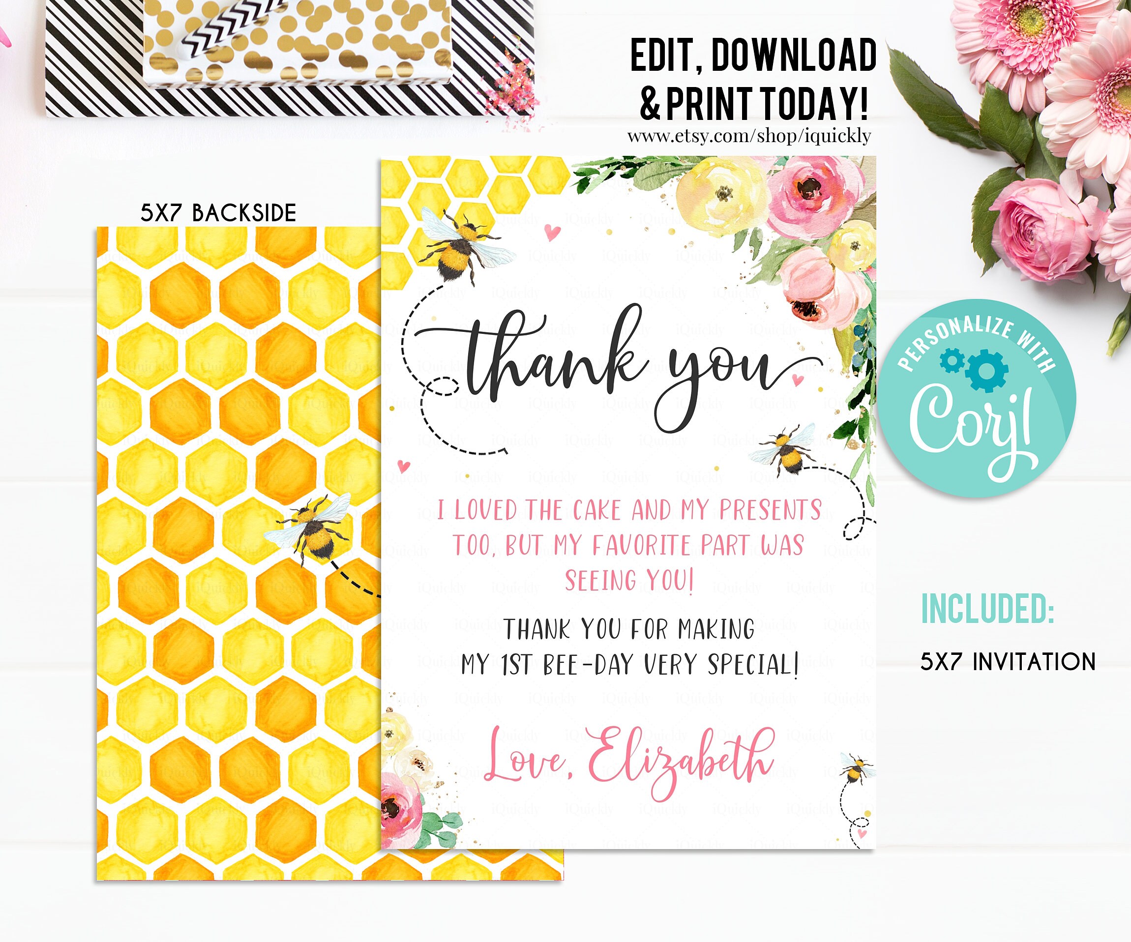 EDITABLE Bee Thank you card Honey bee First Birthday Note | Etsy