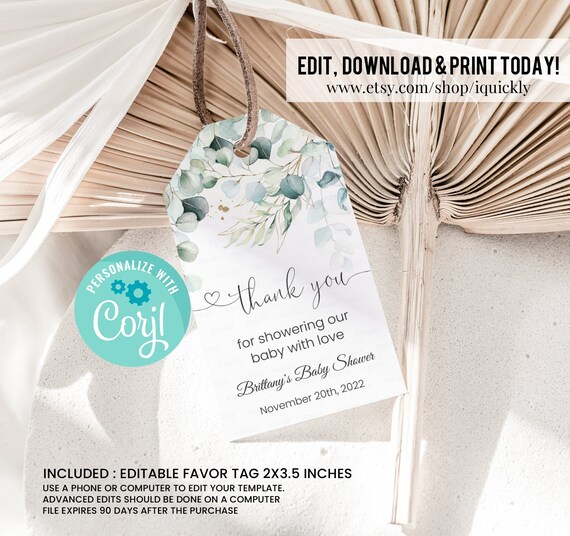 Editable Eucalyptus Greenery Baby Shower favors, Eucalyptus Shower ...