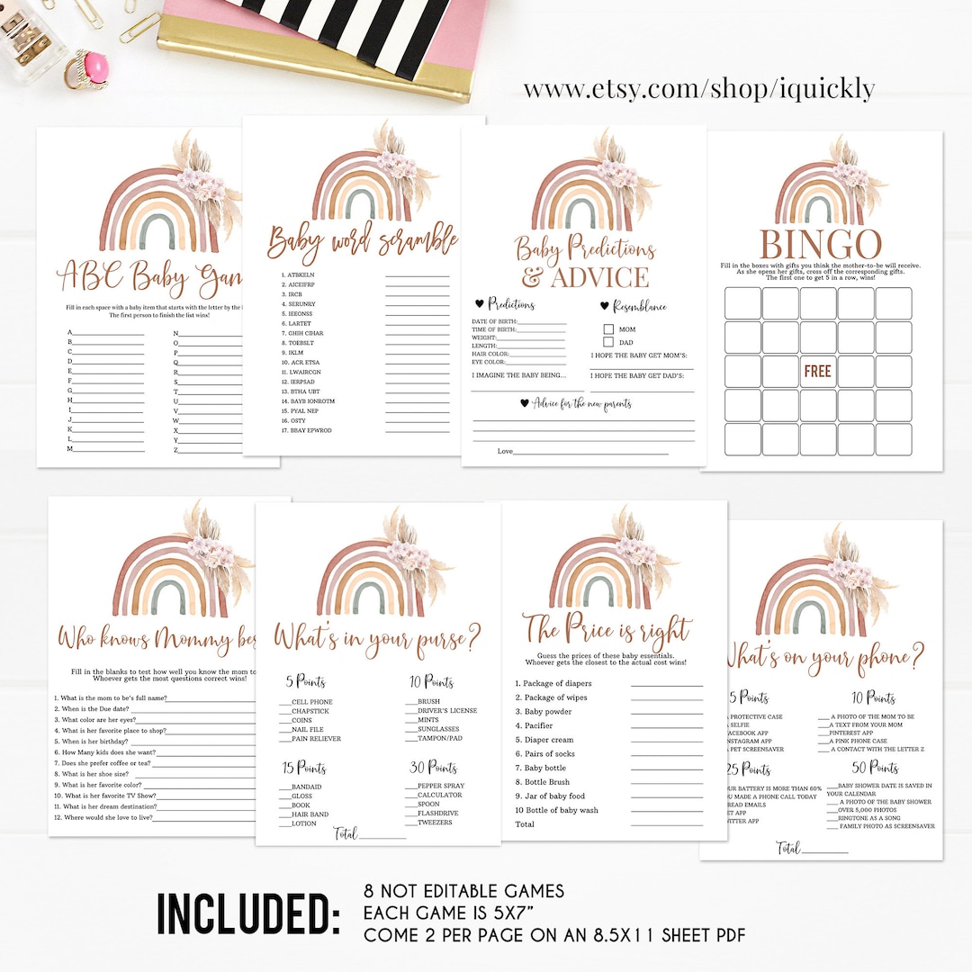Boho Rainbow Baby Shower Games Bundle, Pink Pampas Grass Boho Game ...