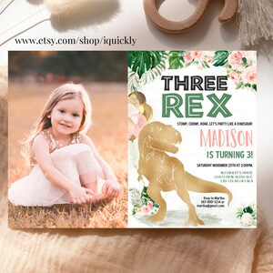 Editable Three Rex Invitation Girl, Dinosaur Birthday Invitation,three ...