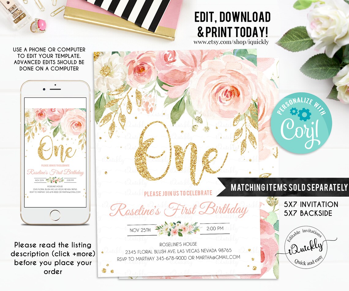 EDITABLE Blush Pink Floral Banner Birthday Banner Printable - Etsy