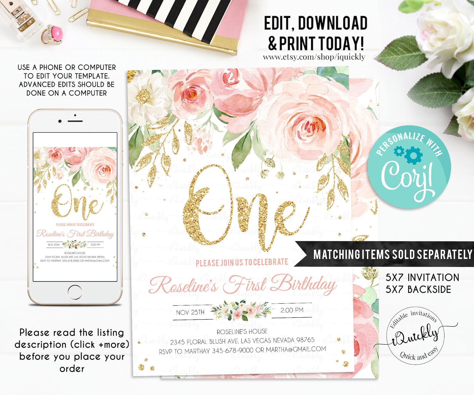 EDITABLE Blush Pink Floral Banner Birthday Banner Printable - Etsy
