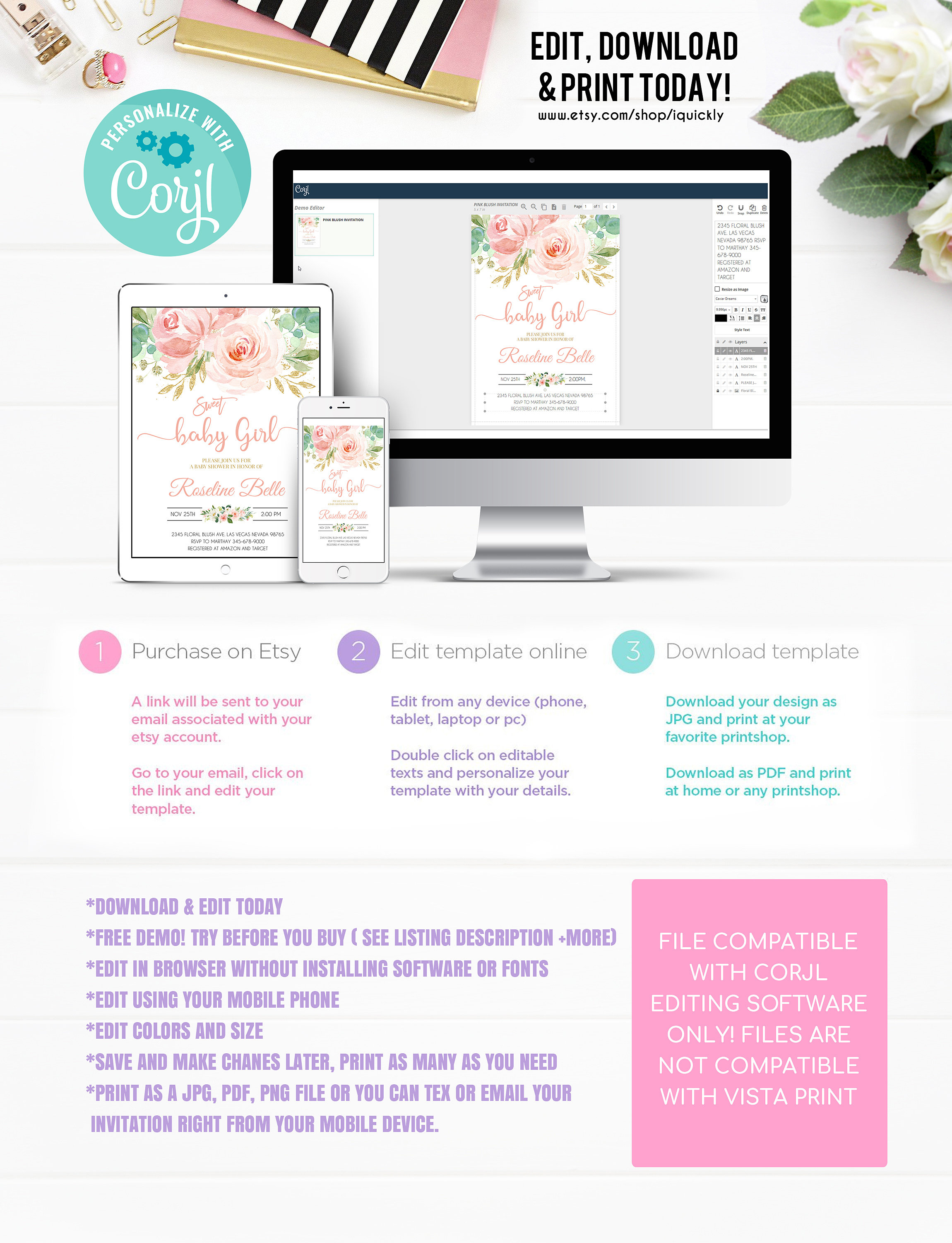 EDITABLE Blush Pink Floral Banner, Birthday Banner, Printable 1st ...