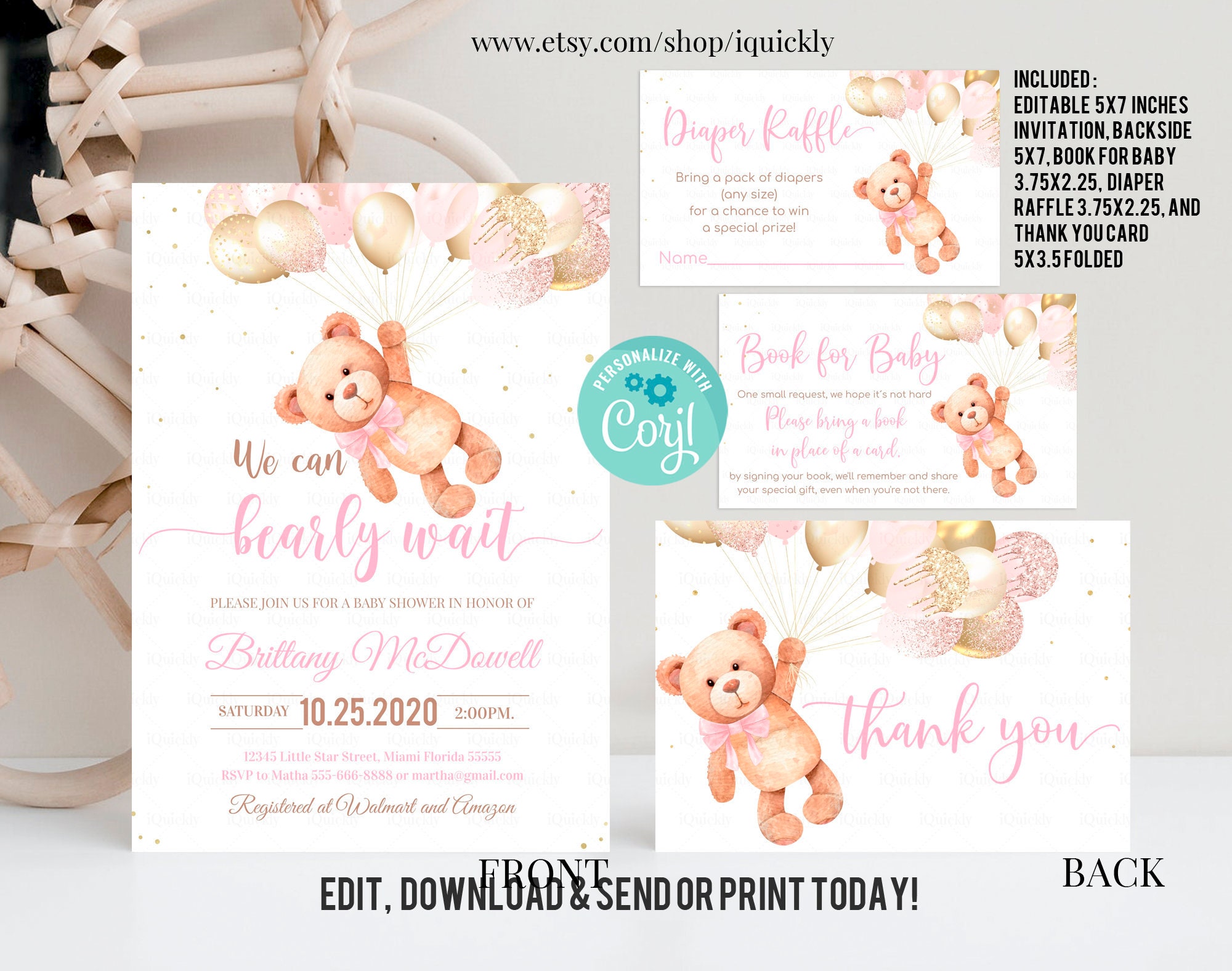 Editable Teddy Bear Baby Shower Invitation Set Bear Themed Invite ...