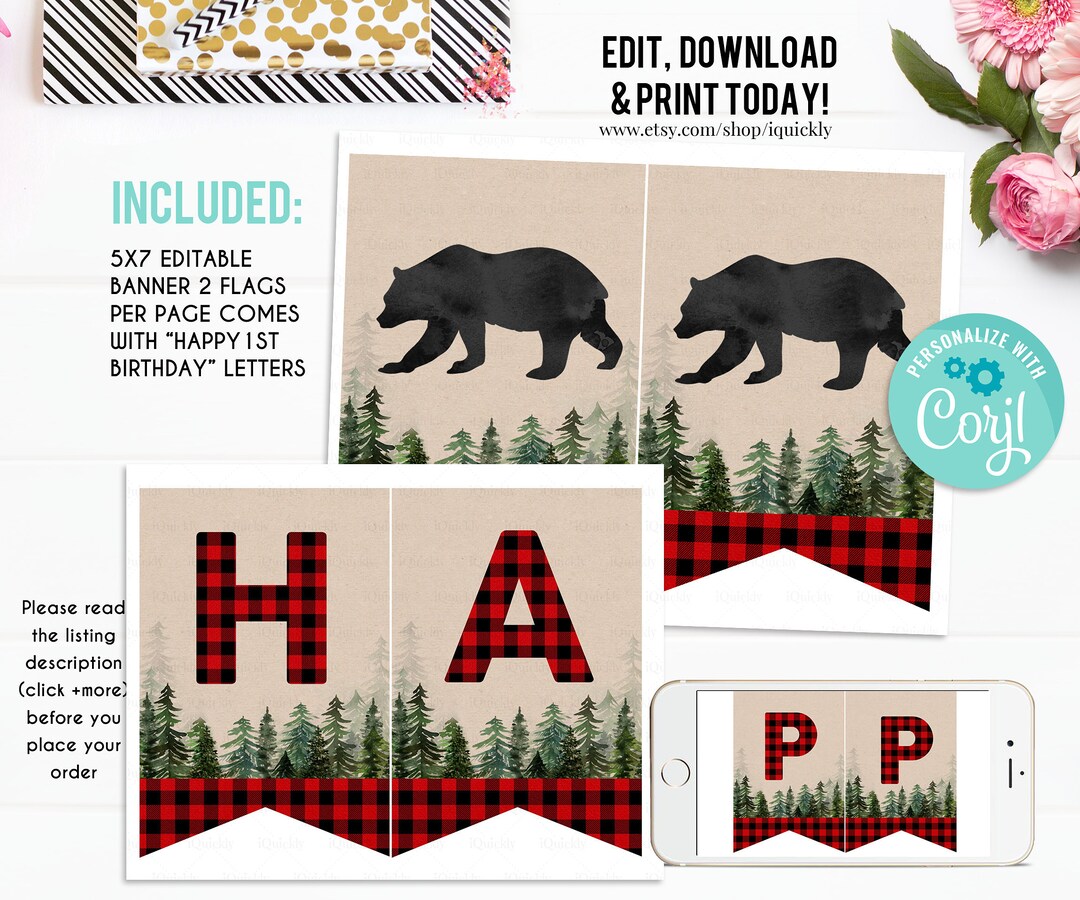 EDITABLE Lumberjack Banner, Buffalo Plaid Birthday Banner, Printable ...