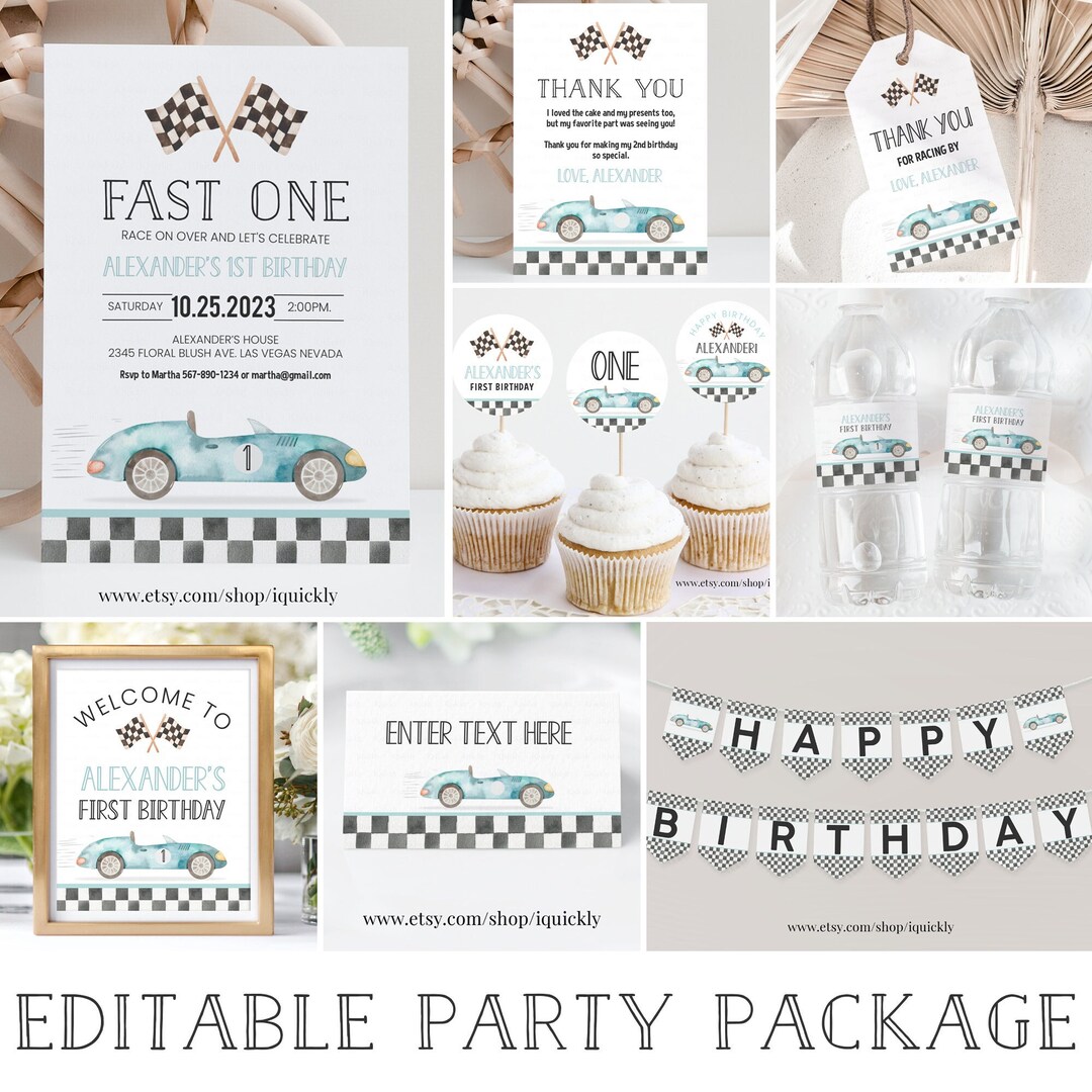 Editable Fast One Party Decorations Racecar Package Birthday Racing Car ...